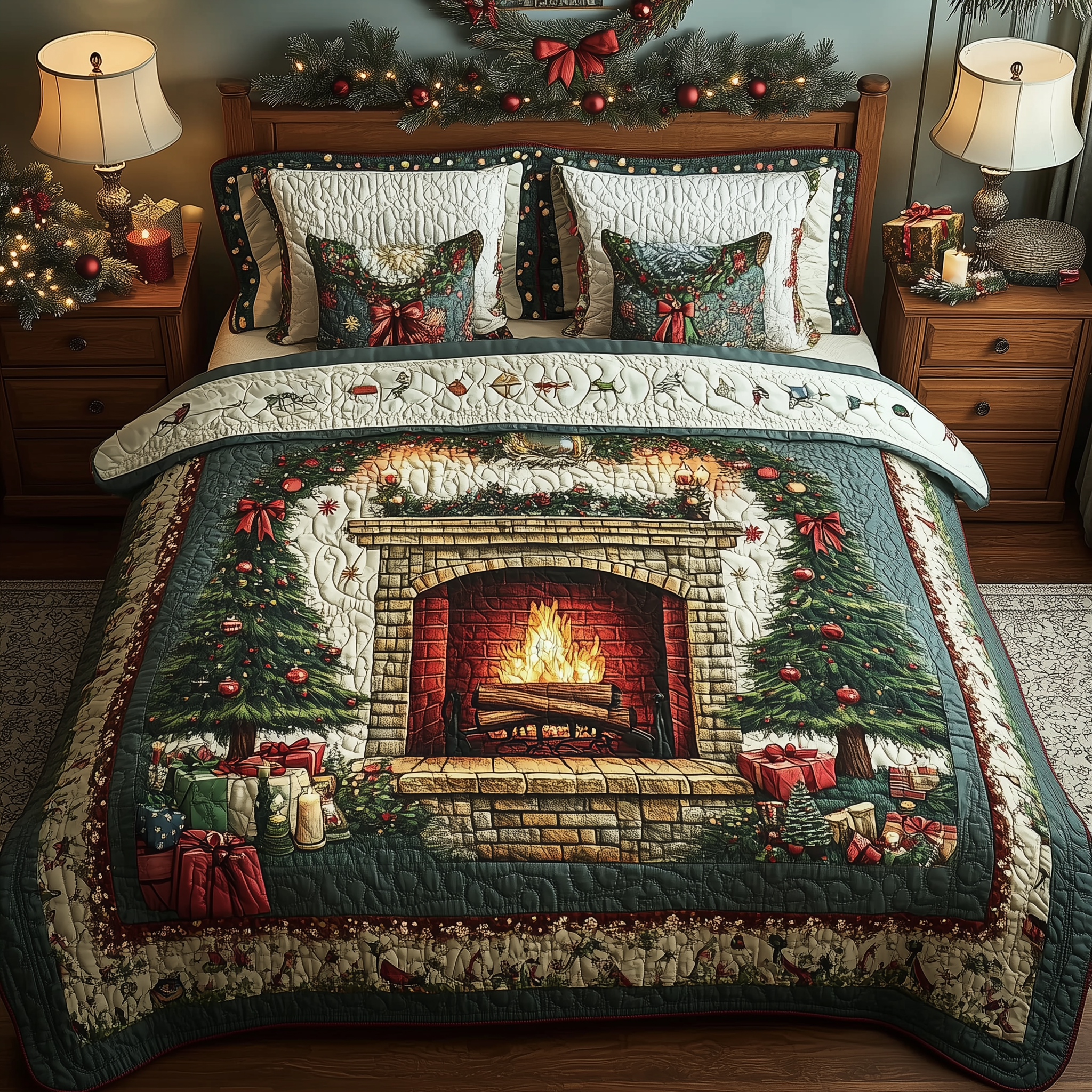Christmas Cozy Fireplace 3-Piece Quilted Bedding Set GFTOHD848 ...